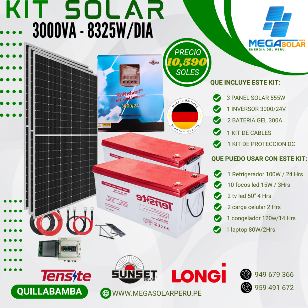 Kit Solar gel Hibrido 24/3000va SunIsland 8325w/dia – MEGA SOLAR PERU